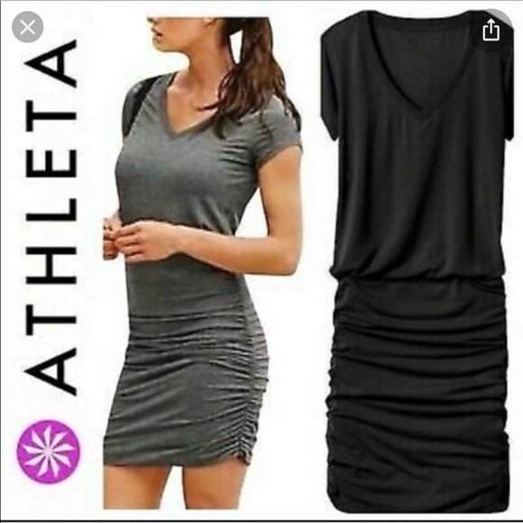 Athleta | Dresses | Athleta Black Ruched V Neck Tee Shirt Topanga Dress ...